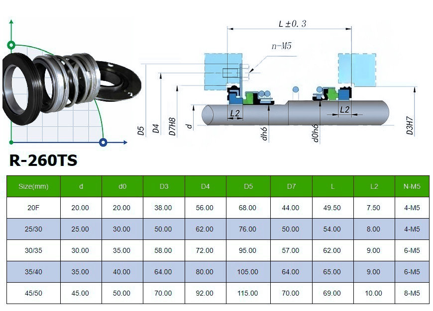 Gleitringdichtung für Entwässerungspumpe TSURUMI R-260TS 25/30, SIC/SIC/SIC/SIC, VITON, 304 ...